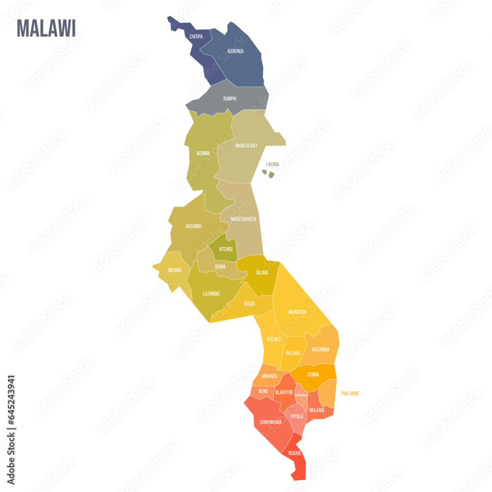Malawi political map of administrative divisions - districts. Colorful ...