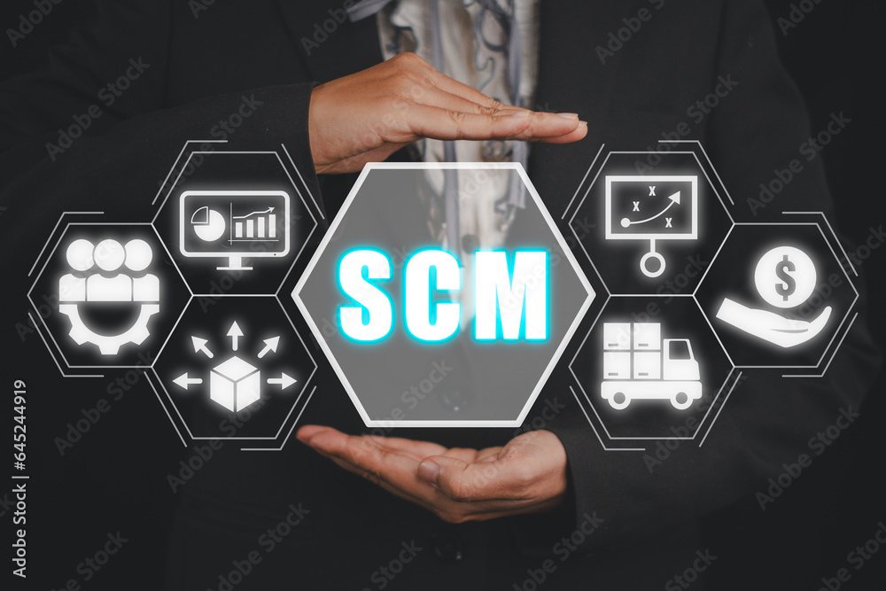 SCM, Supply Chain Management concept, Business person hand holding Supply Chain Managemen icon ...