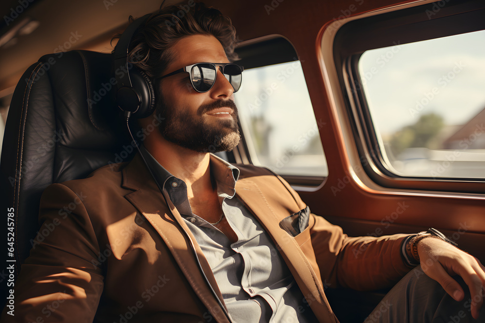 handsome man sitting in a plane with headphones looking threw the cabin ...