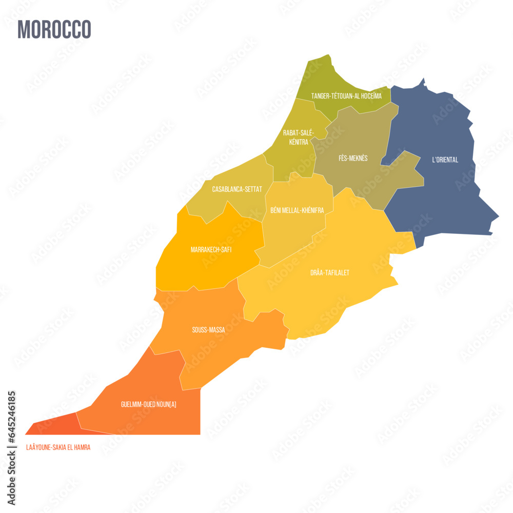 Morocco political map of administrative divisions - regions. Colorful ...