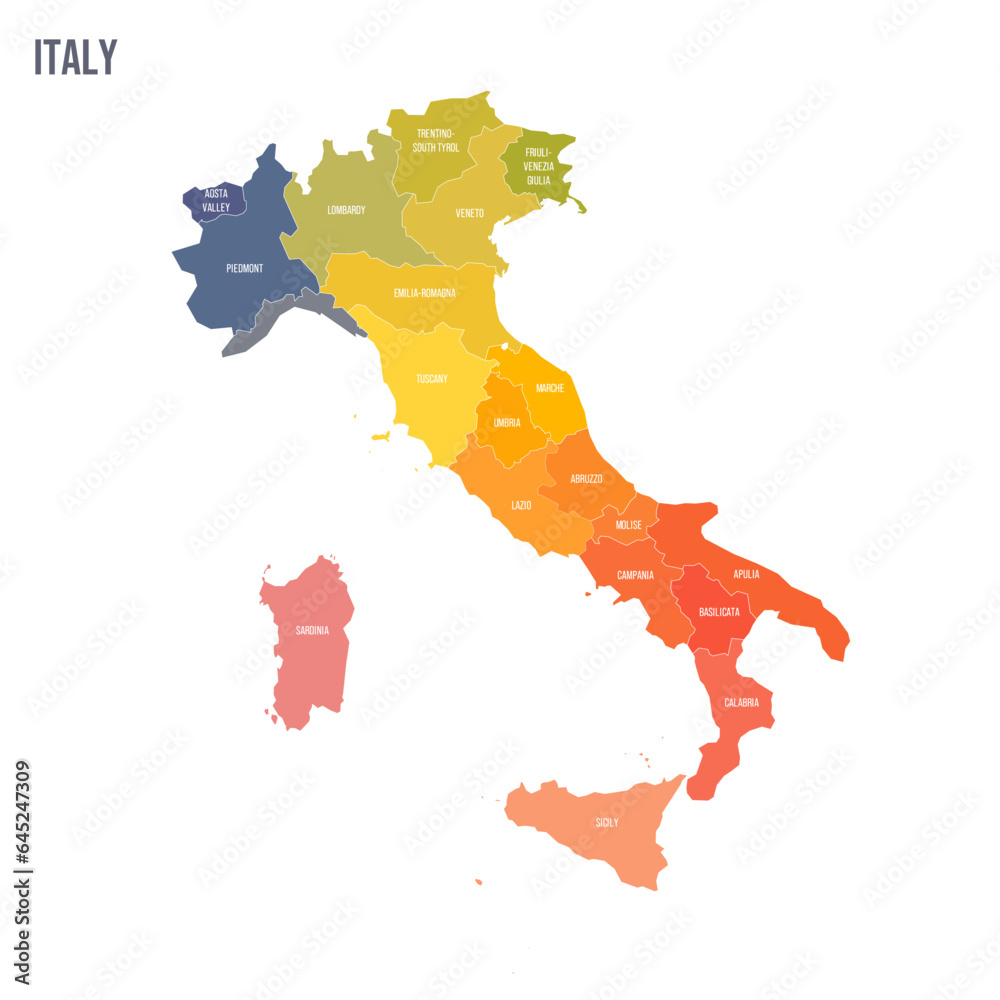 Italy political map of administrative divisions - regions. Colorful ...