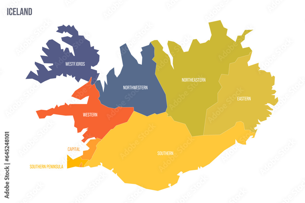 Iceland political map of administrative divisions - regions. Colorful ...