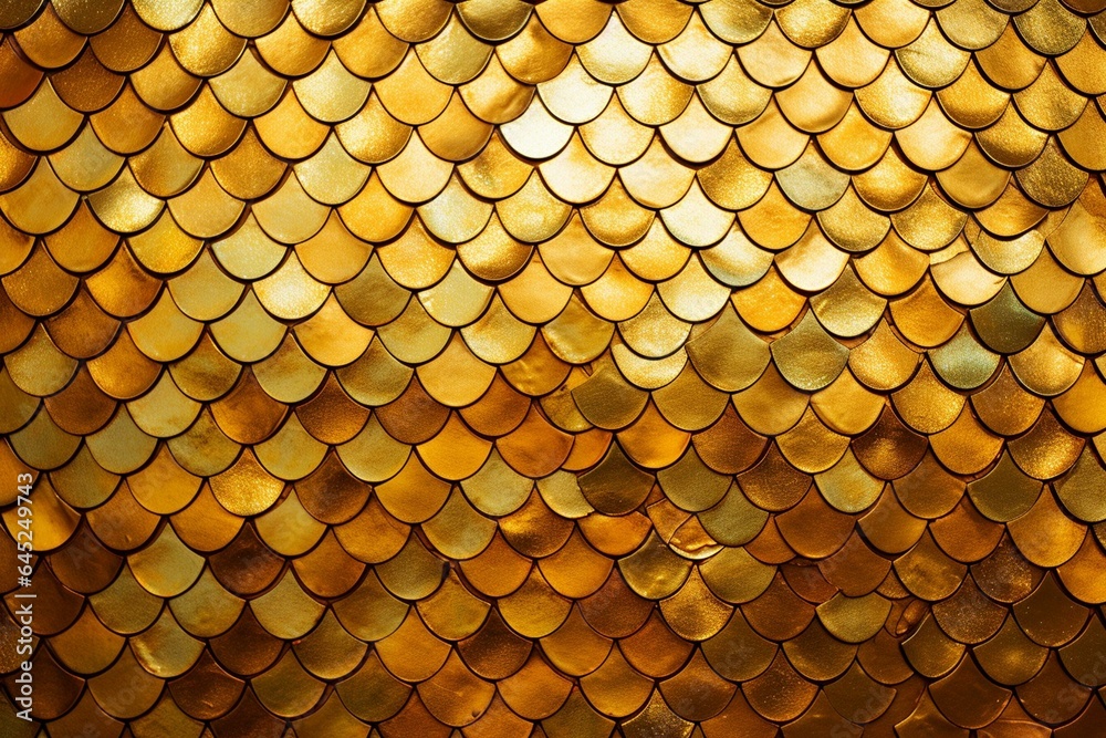 Gleaming wall made of shiny gold fish-scale tiles in a 3D block pattern ...