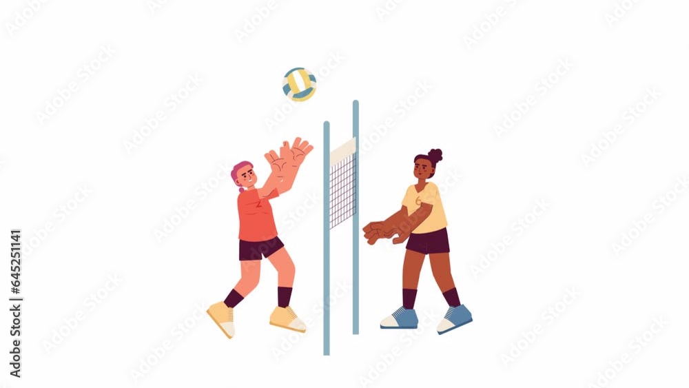 Girls volleyball players spiking 2D characters animation. Female ...