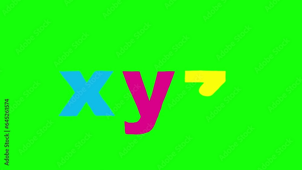 Xyz letters small forming cartoon animation CMY on green 255. Hand ...