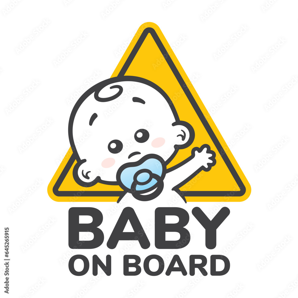 Poster Vector yellow triangle sign with waving baby with a pacifierand ...