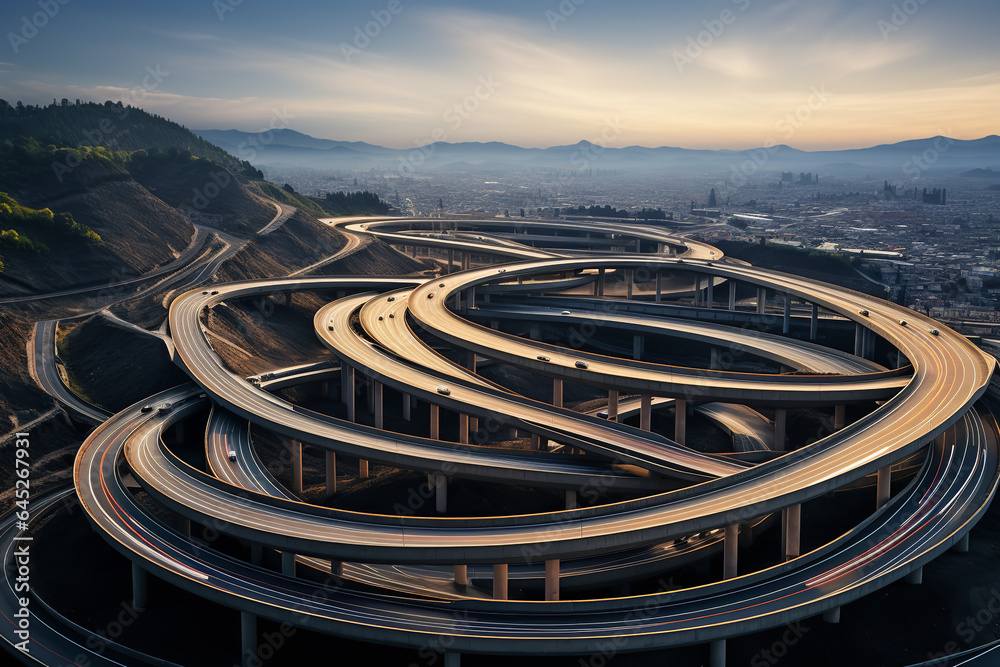 A multi-level highway interchange, with roads weaving in and out ...