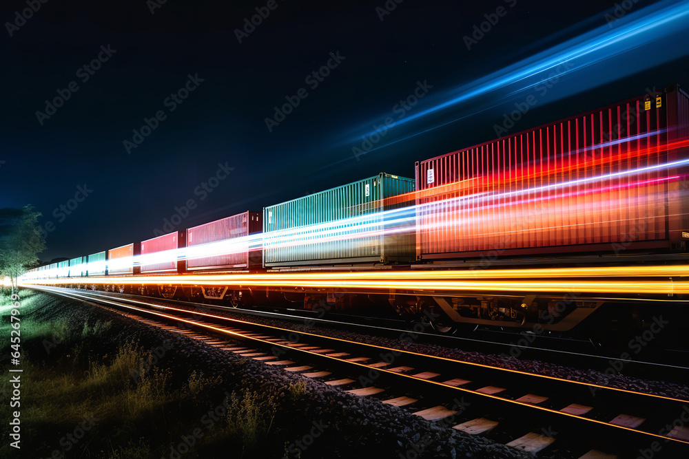 In the quiet of the night, an elongated freight train, its containers ...
