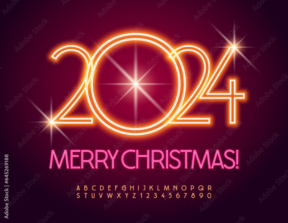 Vector neon greeting card Merry Christmas 2024! Glowing bright Font ...