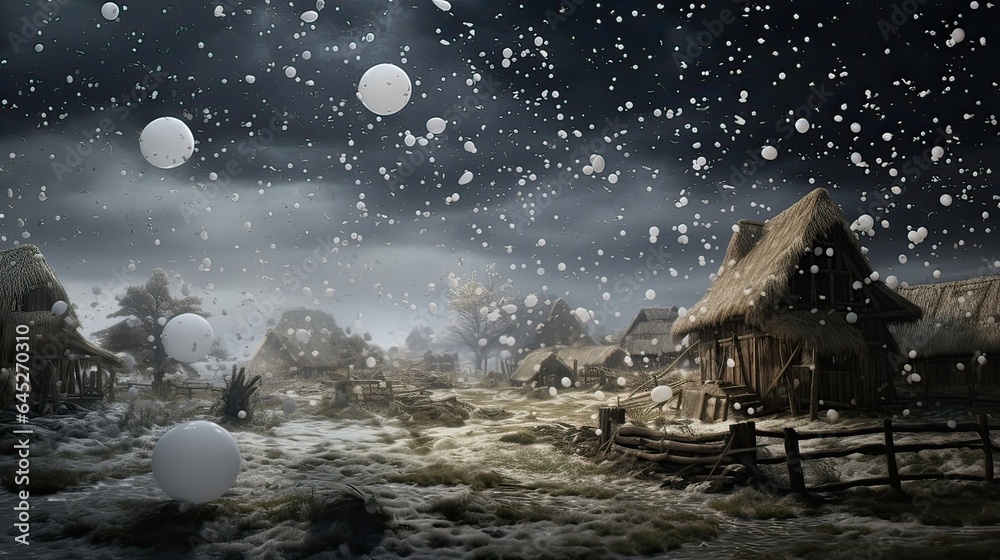 Hailstorm arrives, showering the earth with hailstones of various sizes ...