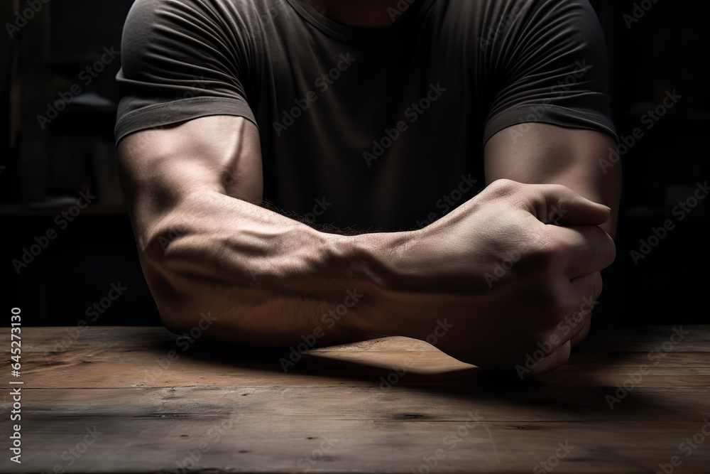 The forceful presence of a clenched fist on a surface conveys the ...