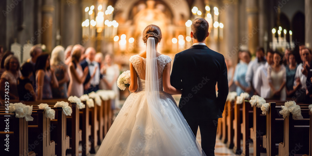 groom and bride entering the church to get married on their wedding day ...