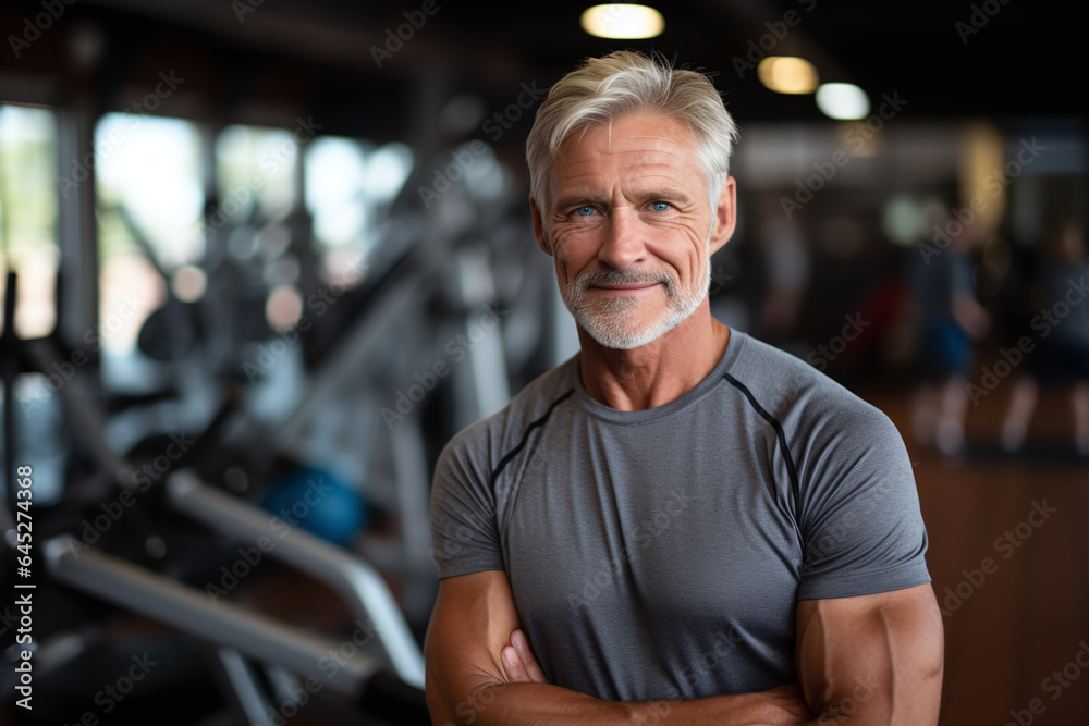 Ageless muscular fit old man with grey hair energetic in the gym during ...