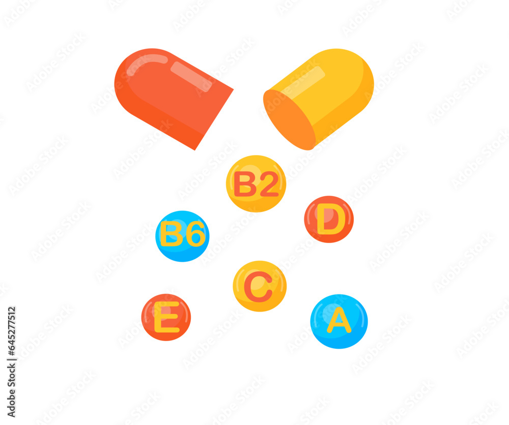 Vitamin complex of pill capsule and vitamins bubbles with names for ...