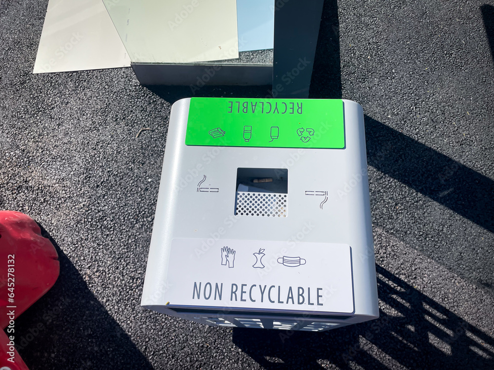 Trash bin for sorting recyclable and non-recyclable waste Stock Photo ...