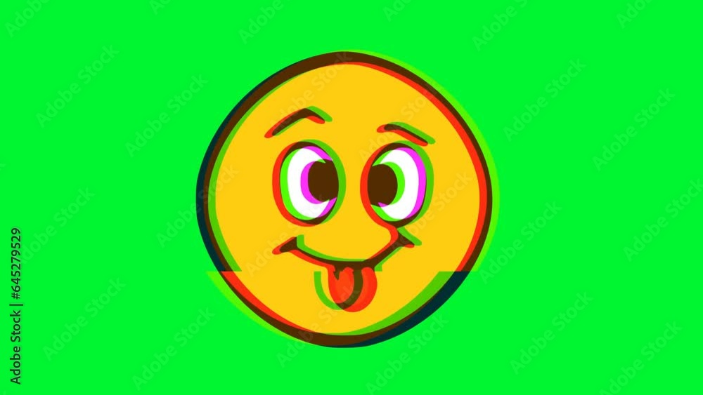 Cute emoticon showing tongue with glitch effect. Cartoon face animation ...