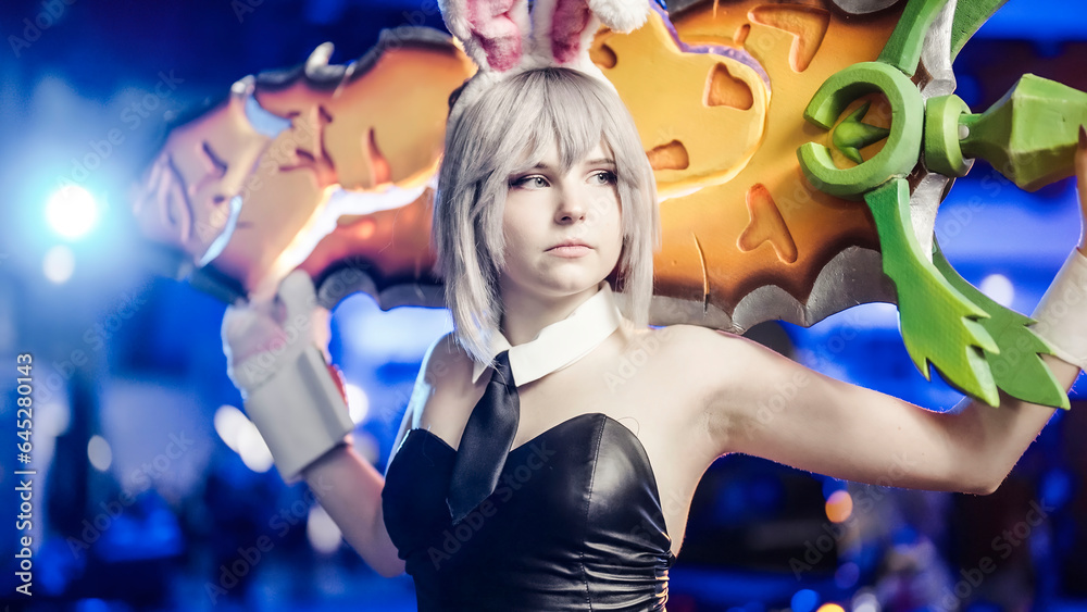 Cute anime girl in bunny suit with big rabbit sword cosplay at ...