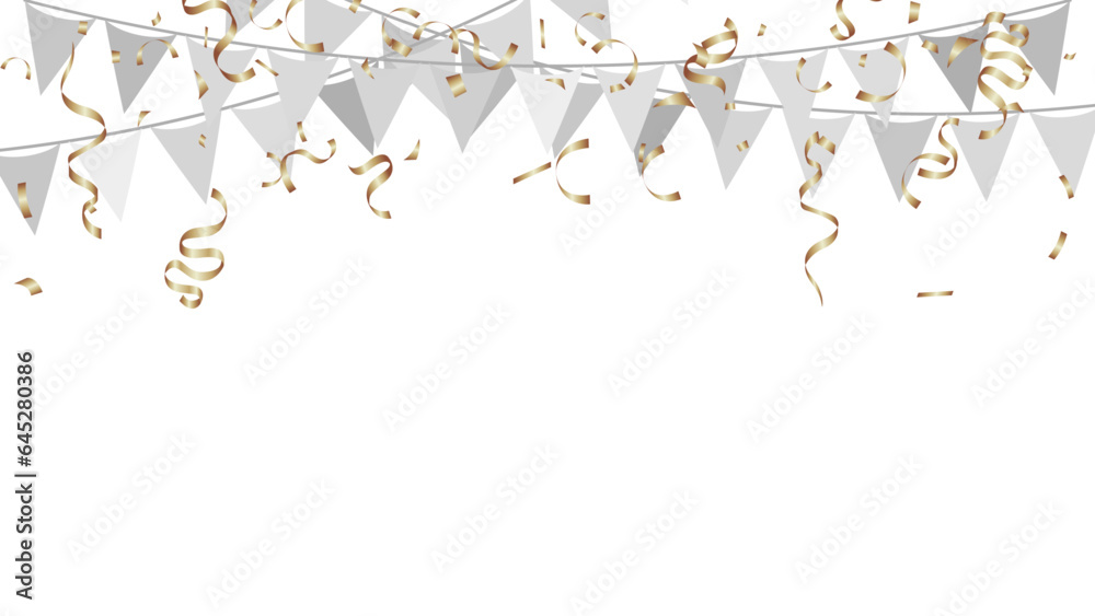 silver party flags with confetti and ribbons falling on transparent ...