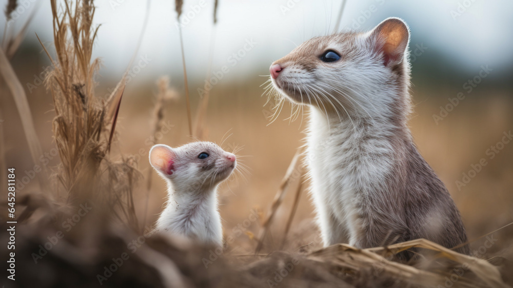 Side view, cinema lens, of a weasel with a newborn weasel cub standing ...