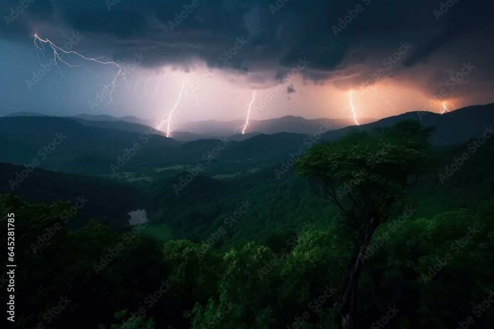 Lightning thunderstorm flash over the night sky in rainforest. Concept ...