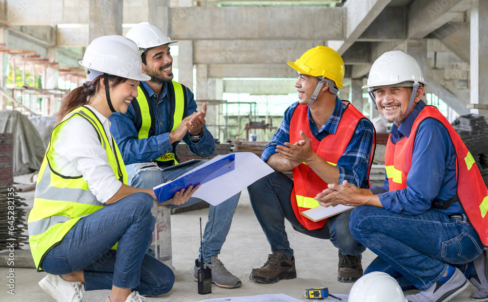 happy engineering team applaud during sitting on floor and meeting at ...
