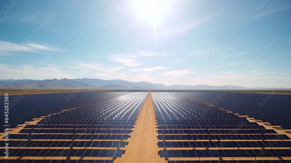 Vast solar farm in a desert landscape, capturing the scale of renewable ...