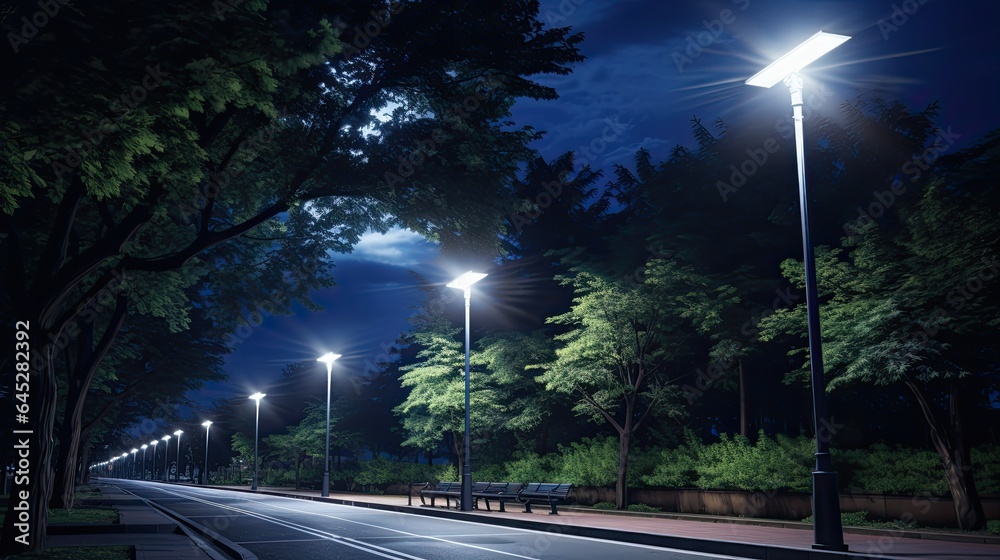Solar-powered streetlights lining a pathway, capturing the application ...