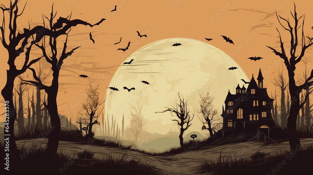 Spooky Halloween Themed Art Template with Bats Flying Across a Vibrant ...