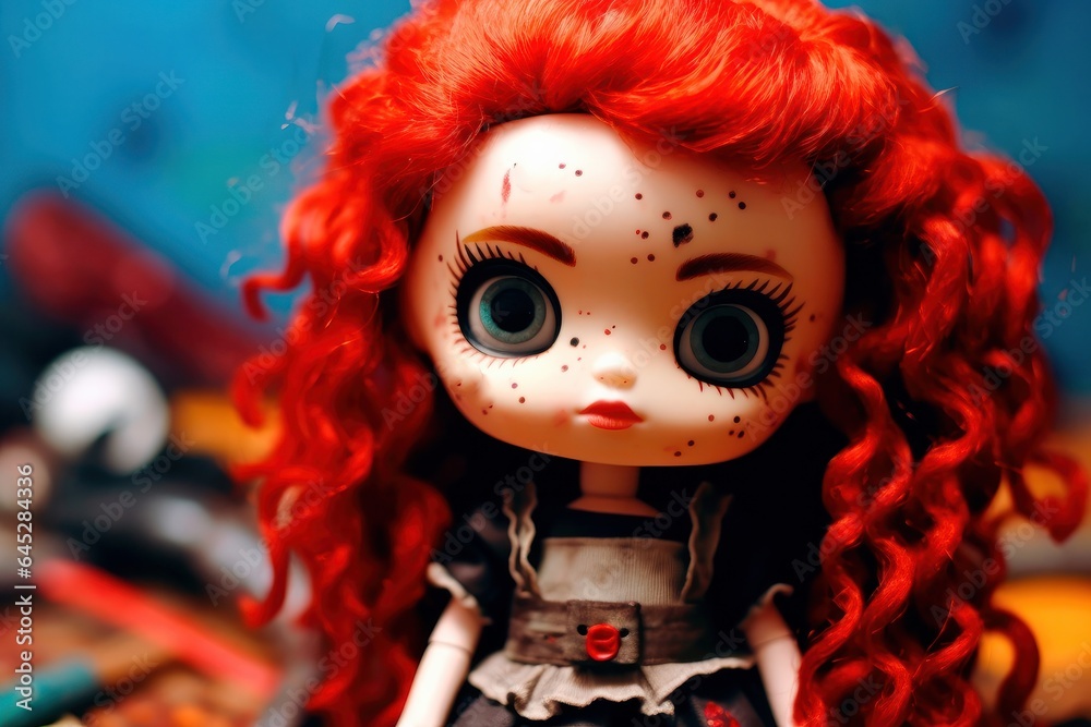 Cute Sad doll with big blue eyes red hair and pigmented spots on her ...