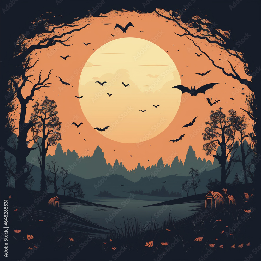 Halloween Themed Art Template with Bats Flying Across a Vibrant Night ...
