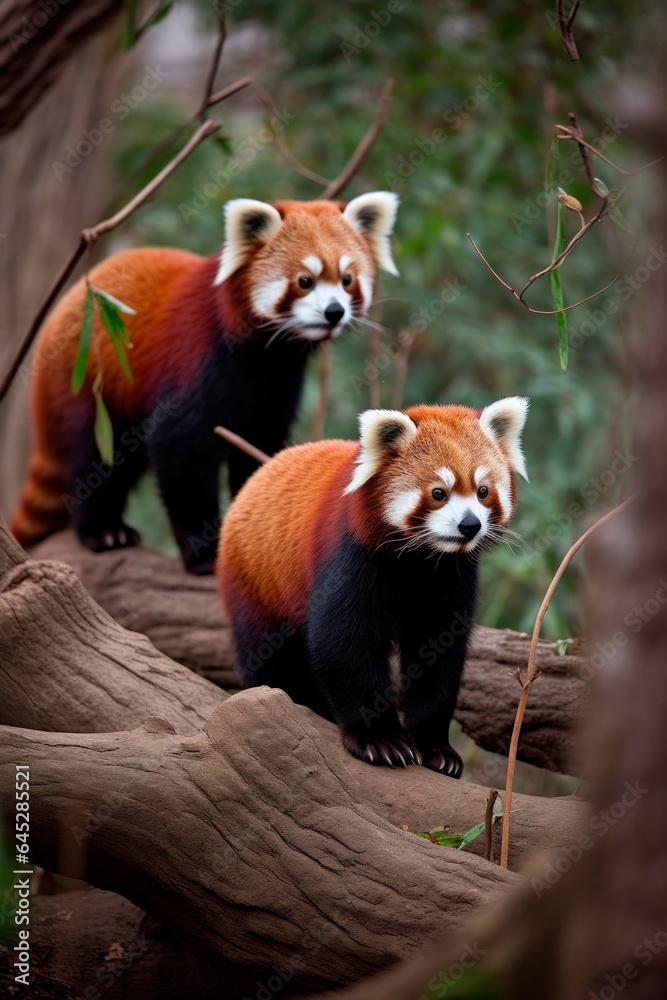Red panda bears in tree. Red Pandas (Ailurus fulgens) sitting in a tree ...