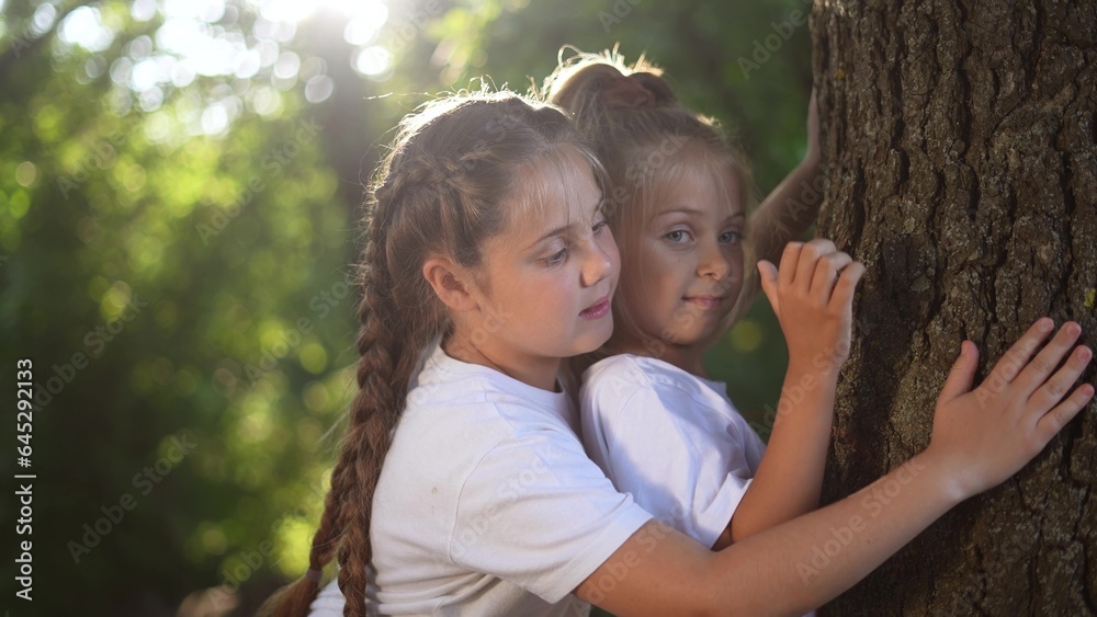 children hugging a tree in the forest. happy family childhood dream ...