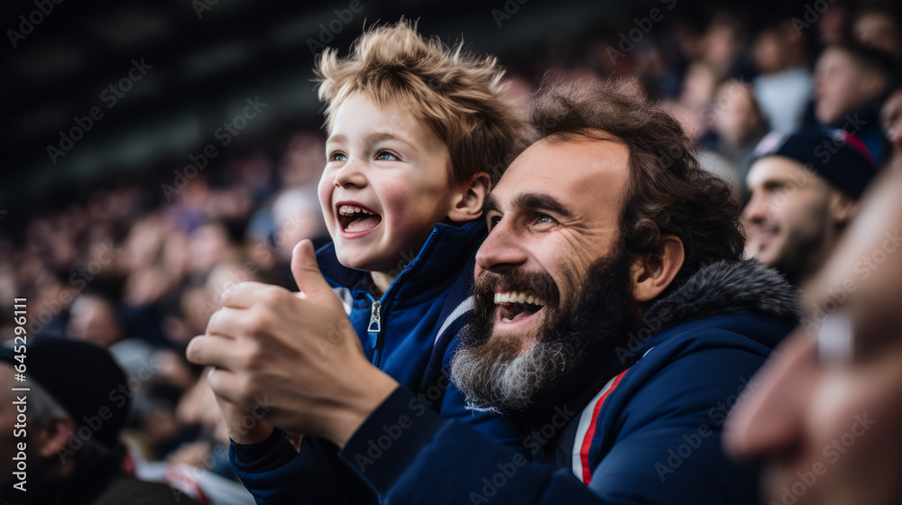 French father and son in stands, filled with enthusiastic supporters of ...