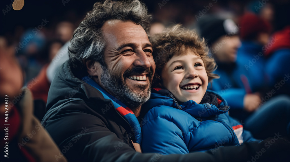 French father and son in stands, filled with enthusiastic supporters of ...
