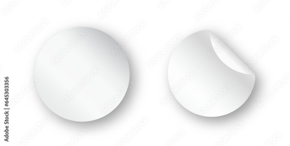 Realistic circle adhesive stickers: white tags with peeling corners ...