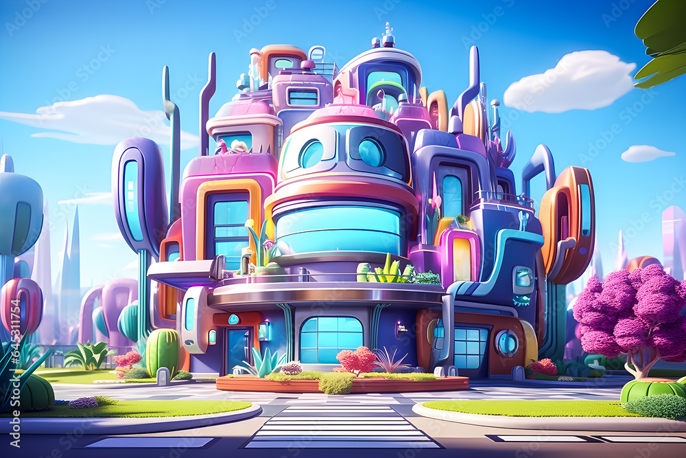 wonderful and colorful futuristic house in cartoon style in a magical ...