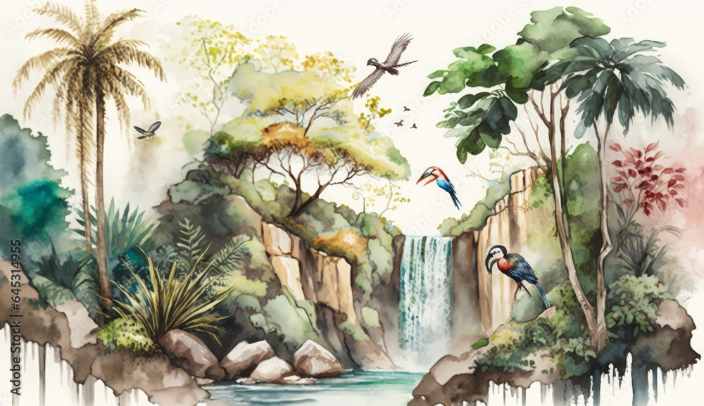 Watercolor drawing of a natural landscape of a waterfall with trees ...
