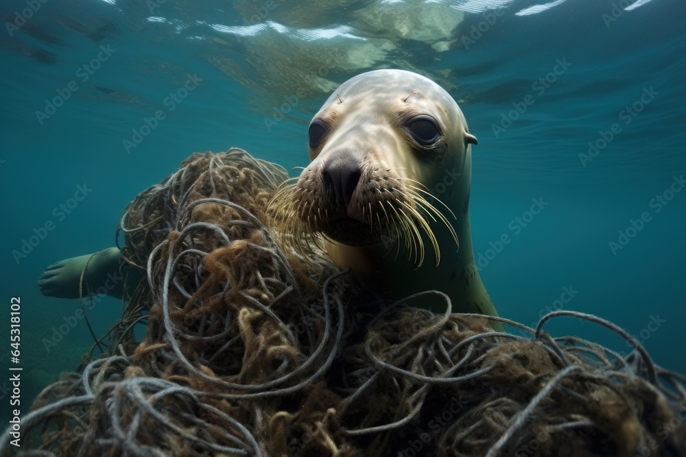 A sea seal swims underwater, there is garbage and remnants of fishing ...
