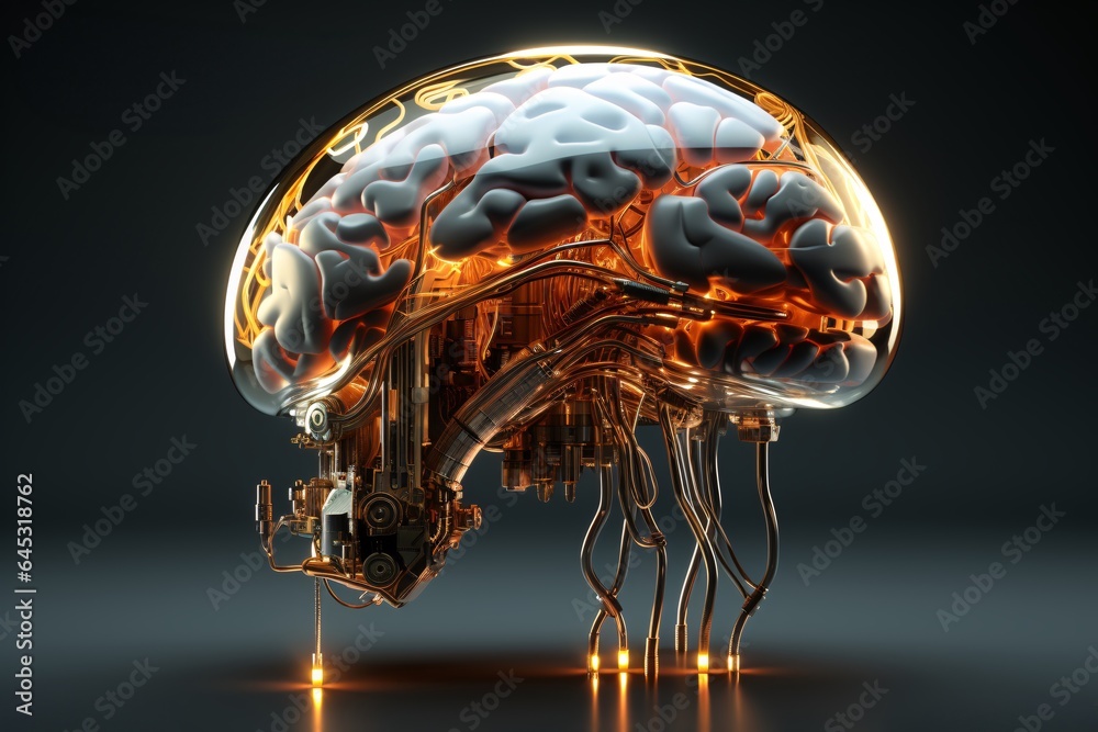 robot and mechanical human brain glow light with nerve fibers are ...
