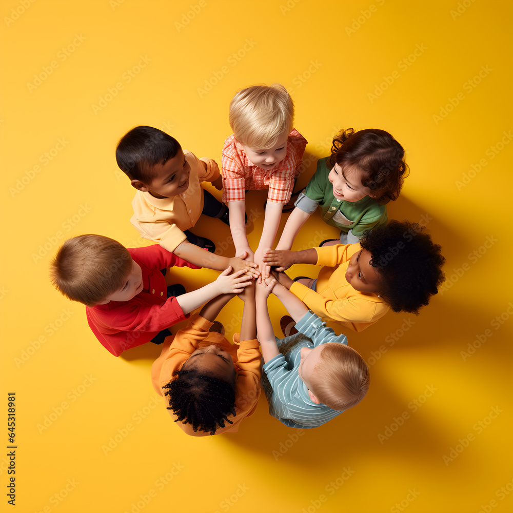Children join hands in a circle. Boys and girls smiling and having fun ...