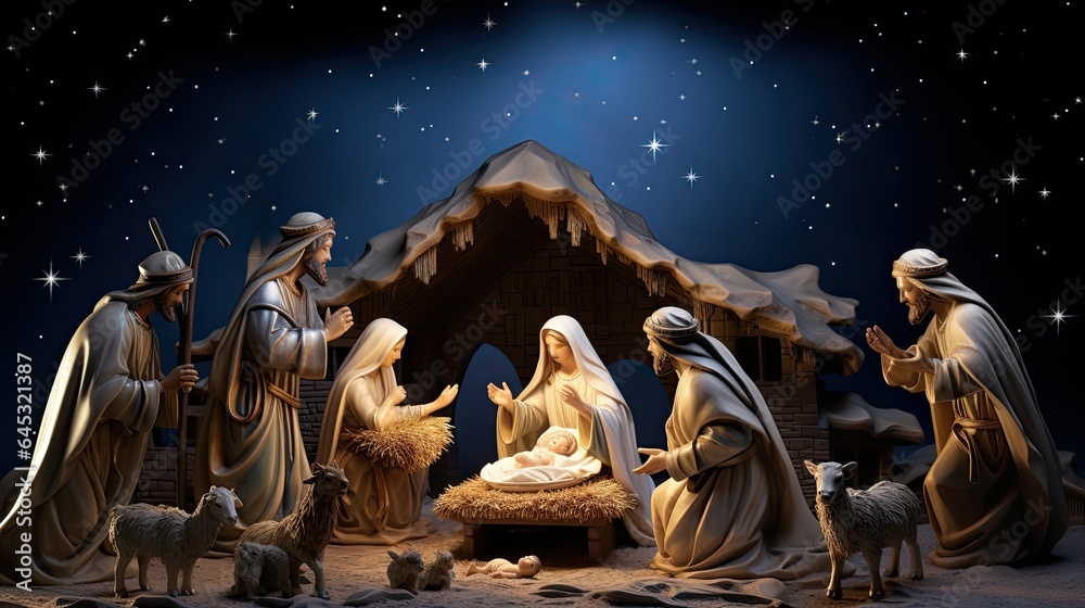 Traditional nativity scene set against a starlit night, capturing the ...
