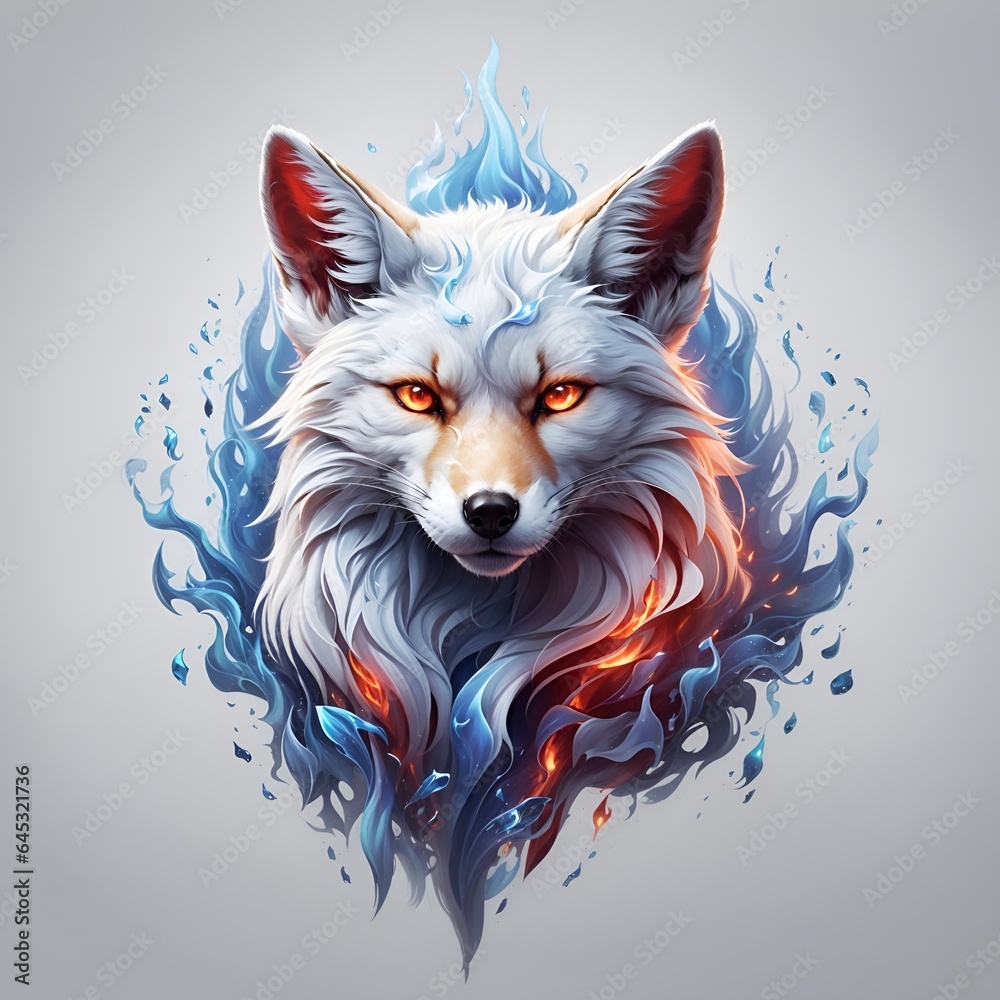 Design of a white fox facing forward wearing a blue flame Stock ...