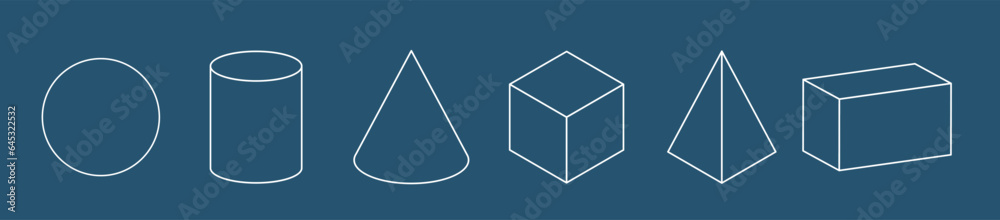 Set of linear geometric shapes. Spheres, cylinder, cone, cube, pyramid ...