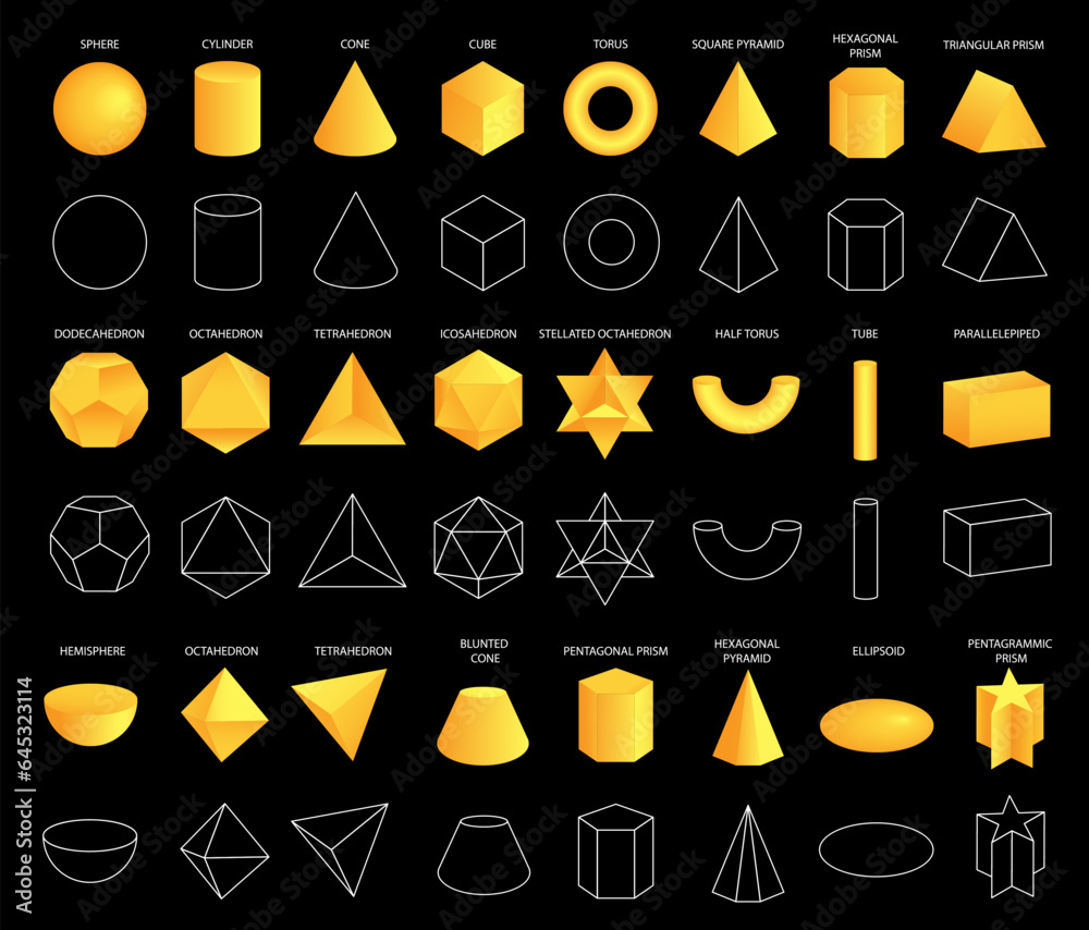 Set of vector realistic 3D yellow geometric shapes isolated on ...