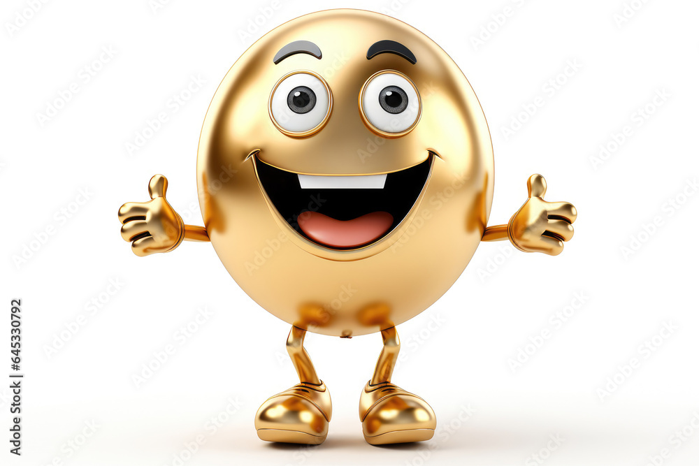 3D happy and funny golden cartoon character with egg head on white ...