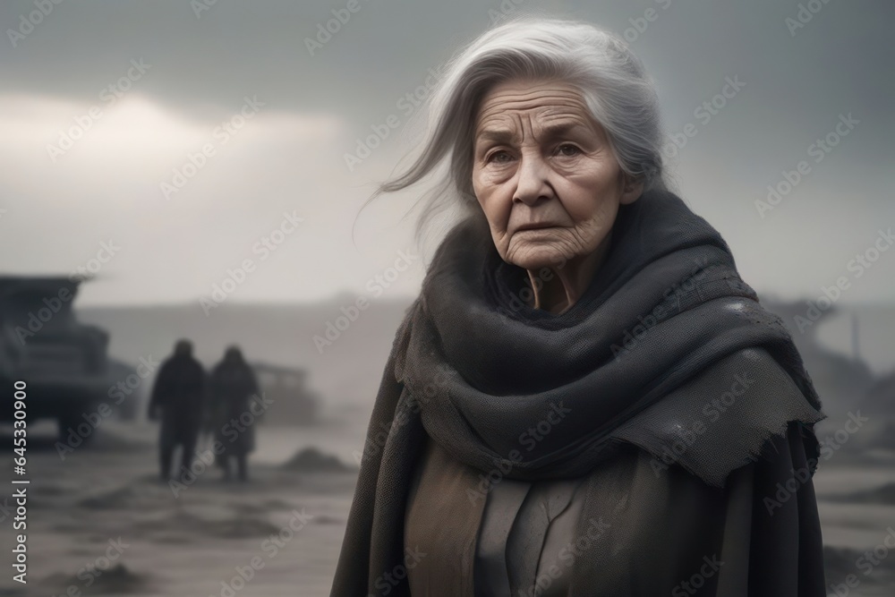 Old woman with wrinkles, scars and soot spots on her face. In dirty and ...