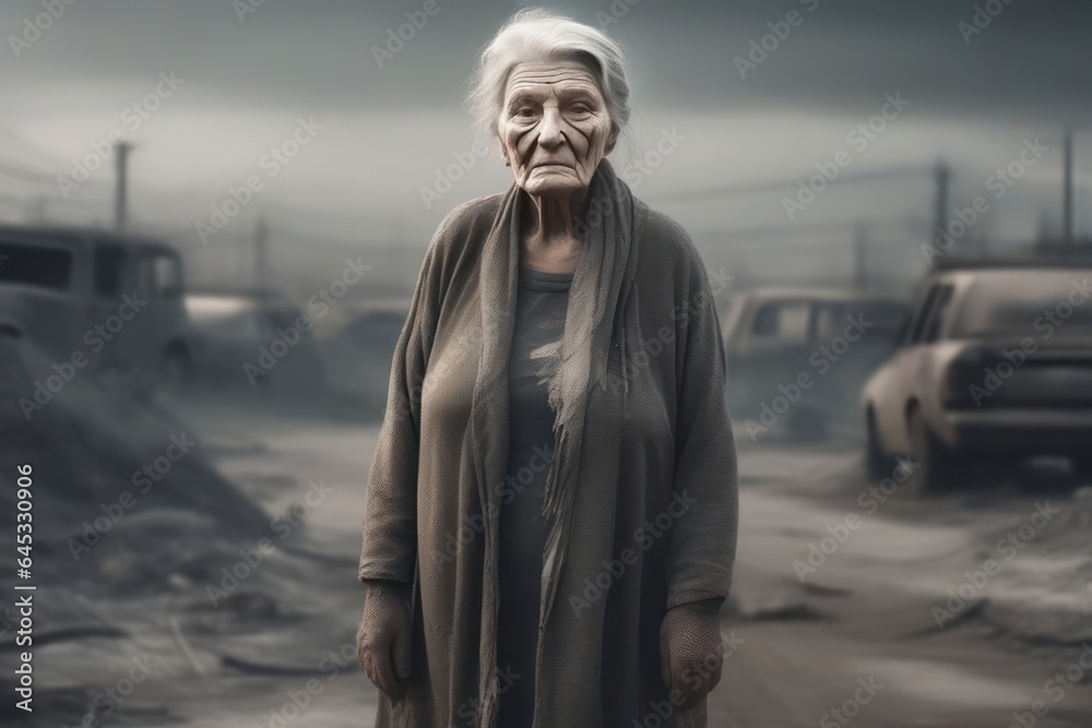 Old woman with wrinkles, scars and soot spots on her face. In dirty and ...