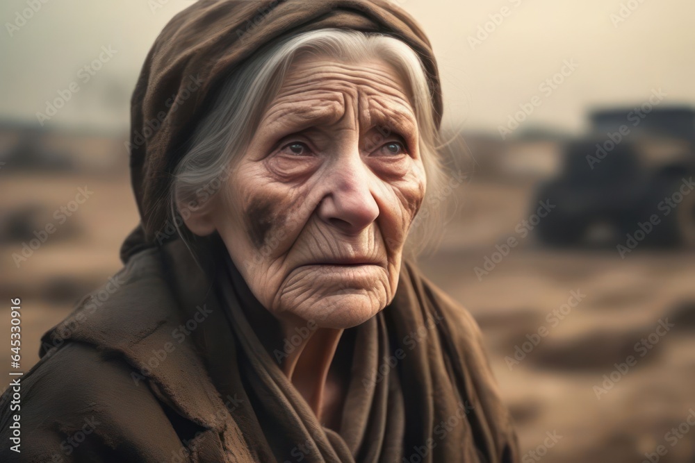 Old woman with wrinkles, scars and soot spots on her face. In dirty and ...