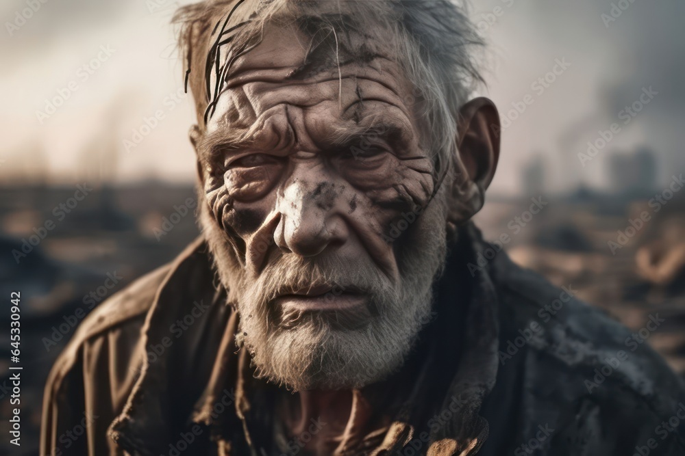 Old man with wrinkles, scars and soot spots on his face. In dirty and ...