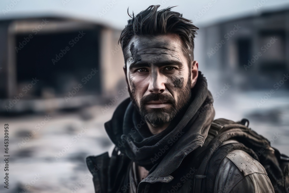 Brutal man with scars and soot spots on his face. In dirty and worn ...